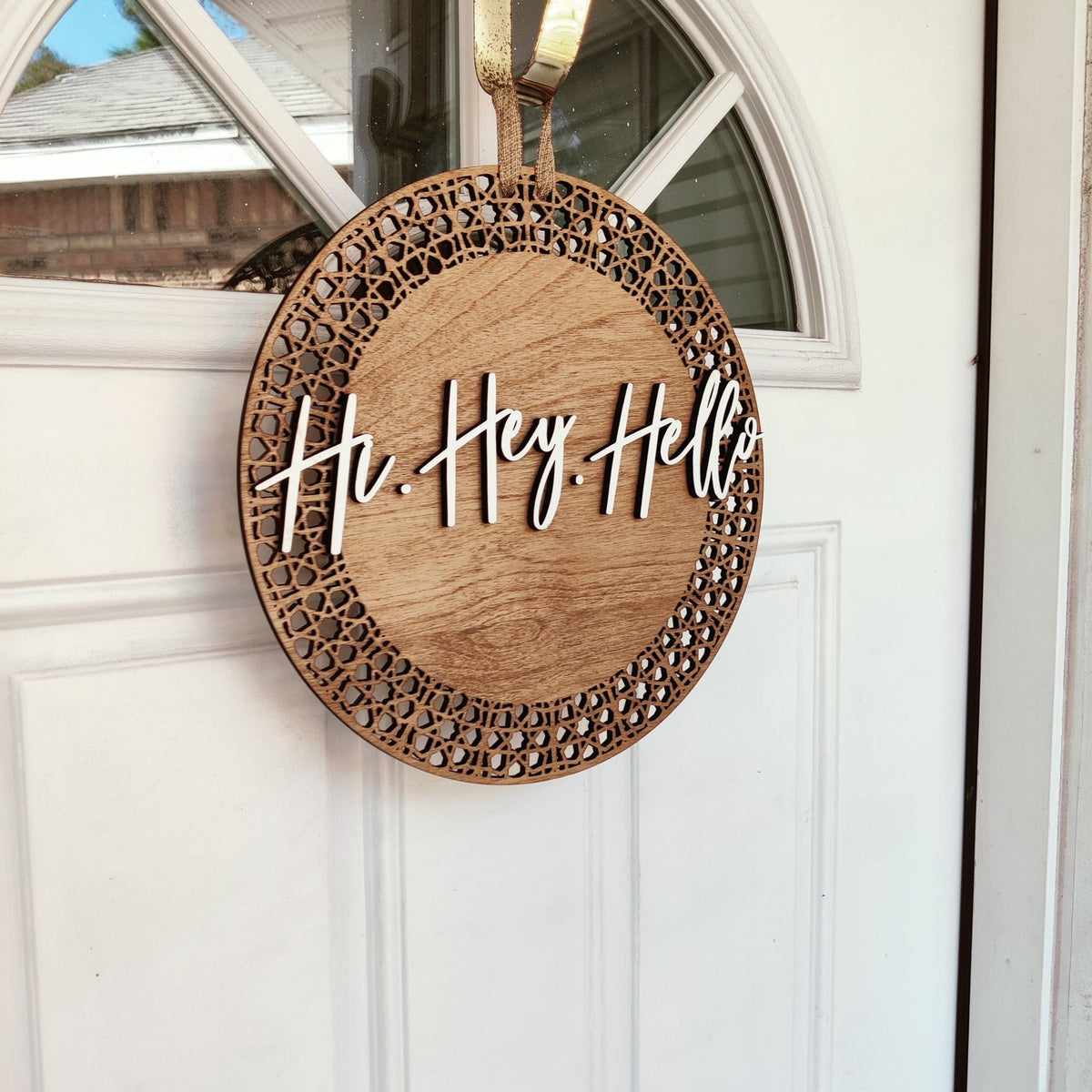 Wooden Front Door Hanger Sign "Hi, Hey, Hello" – Real Estate Store